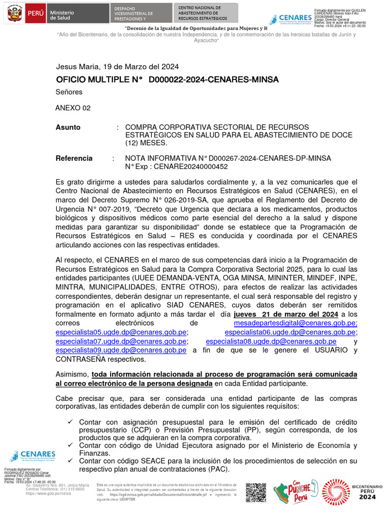 Oficio Multiple D000022-2024-Cenares-Minsa Corporativa | PDF | Documento de identidad | Perú