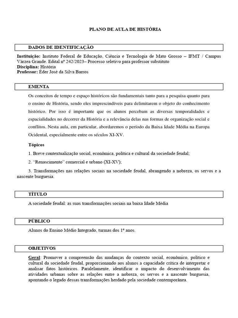 Plano de Aula de História Éder | PDF
