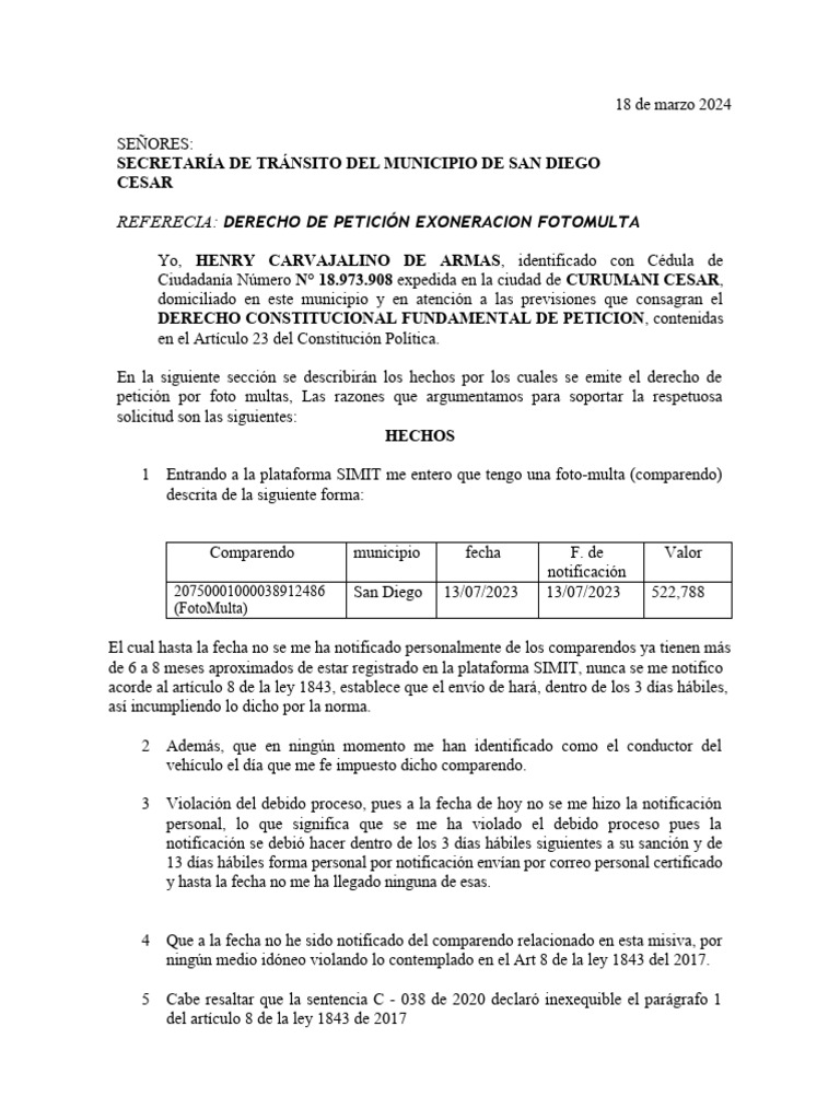 Derecho de Peticion Foto Multas Henry | PDF | Debido al proceso | Justicia