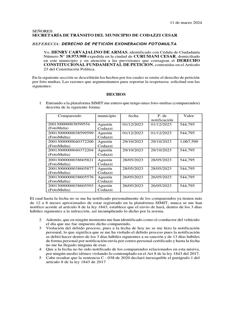 Derecho de Peticion Foto Multas Henry | PDF