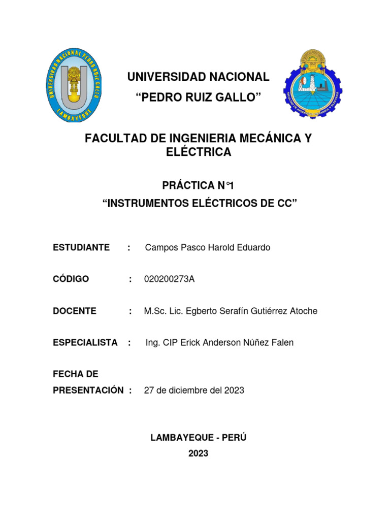 PRÁCTICA DE LABORATORIO N°1 - Campos Pasco Harold Eduardo | Descargar gratis PDF | Corriente ...