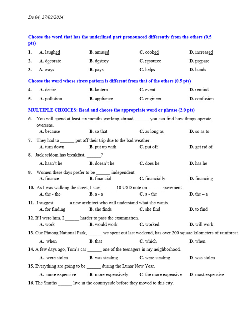 English Practice Test 04 | PDF | Adolescence