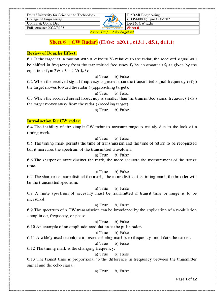 Radar Fall 20222023 (Sheet 6 CW Radar) PDF | PDF