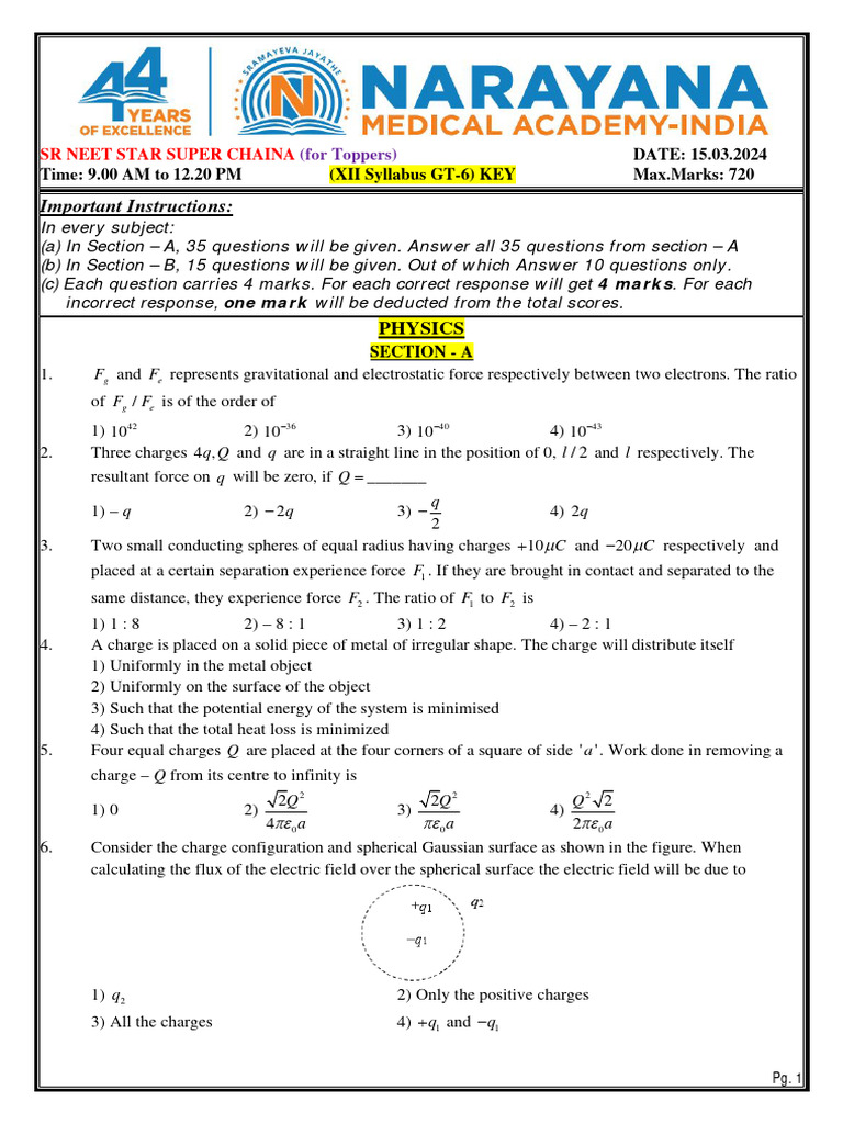 SR NEET STAR SUPER CHAINA (XII Syllabus GT-6) Q.P EX - DT. 15.03.2024 ...