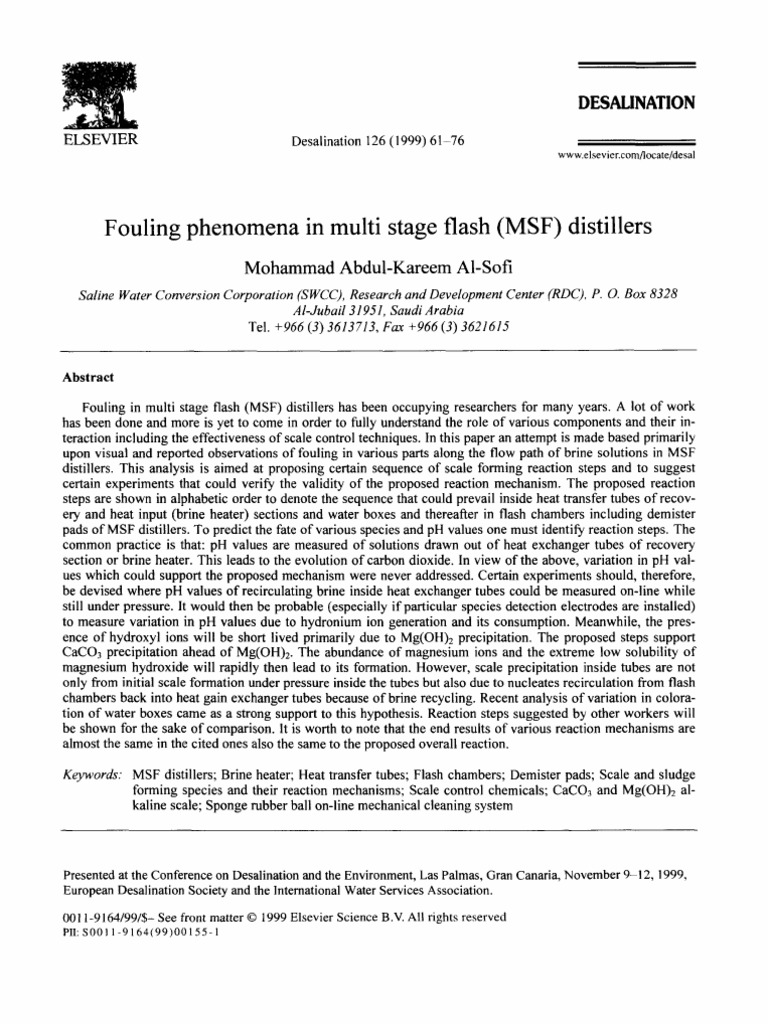 5fouling Phenomena in Multi Stage Flash (MSF) Distillers | PDF