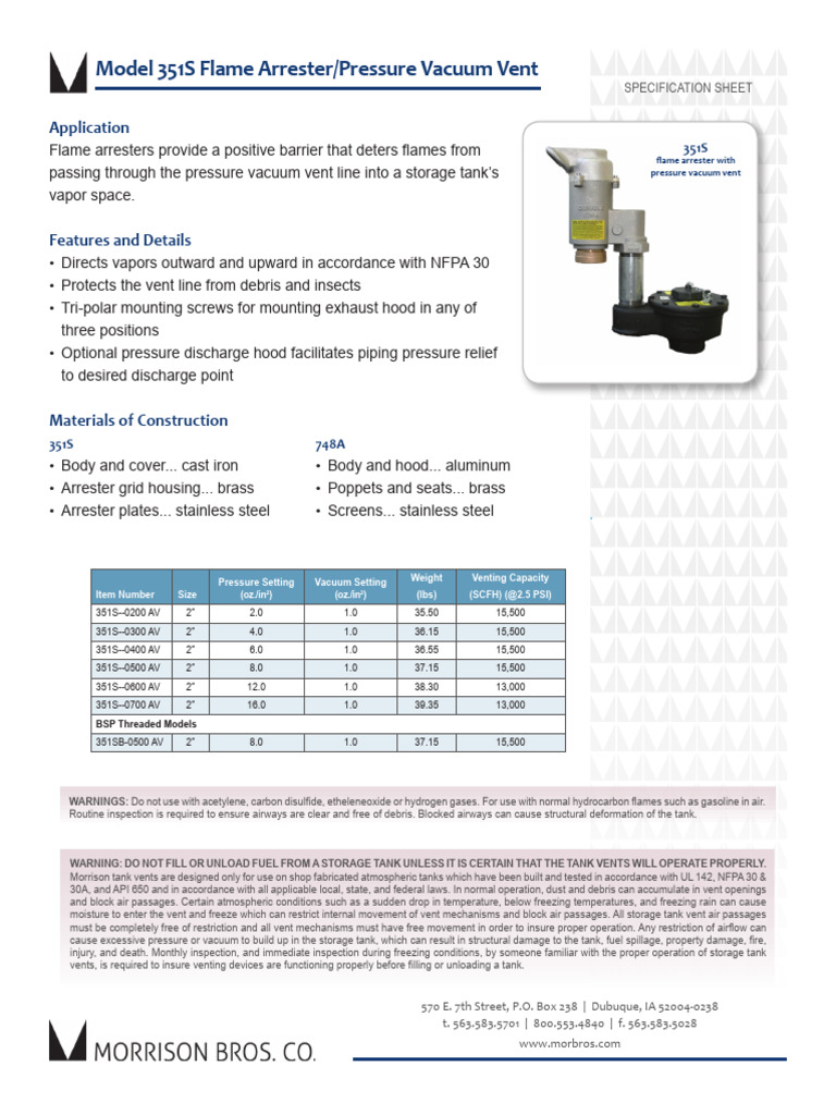 Model 351S Flame Arrester/Pressure Vacuum Vent: Application | PDF | Vacuum | Materials