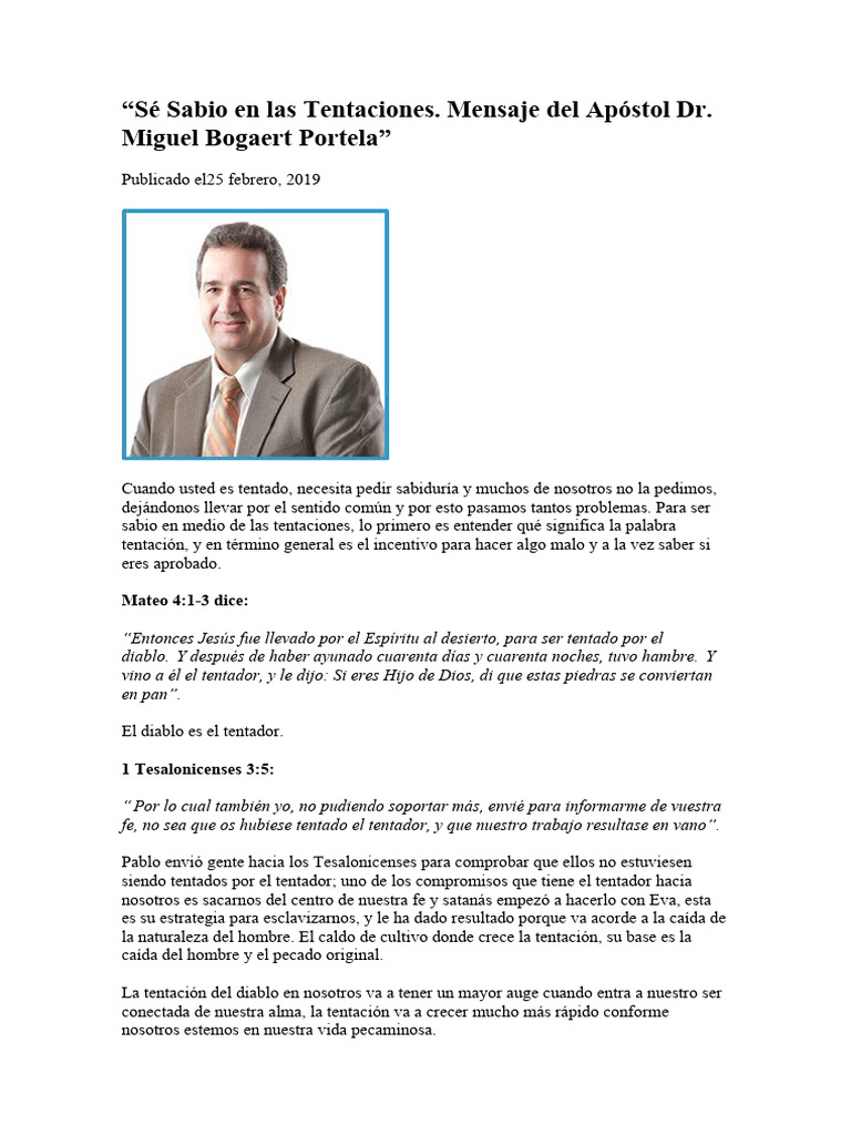 Sé Sabio en Las Tentaciones - Mensaje Del Apóstol Dr. Miguel Bogaert Portela | PDF | Pecado ...