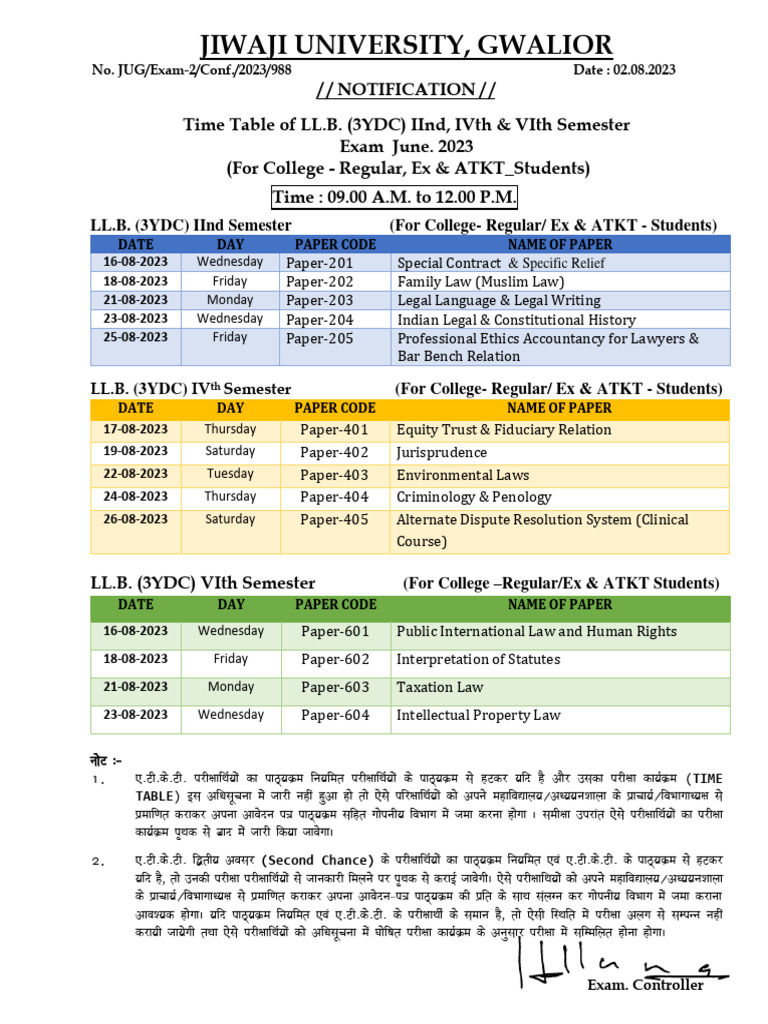 Time Table of LL.B. (3YDC) IInd, IVth and VIth Semester (For College - Regular, Ex & ATKT ...