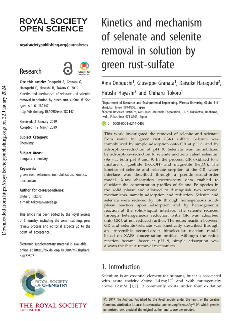 Onoguchi Et Al 2019 Kinetics and Mechanism of Selenate and Selenite ...