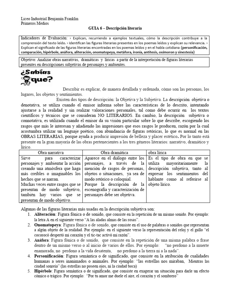 guía 6 1ros - Descripcion literaria | PDF | Poesía