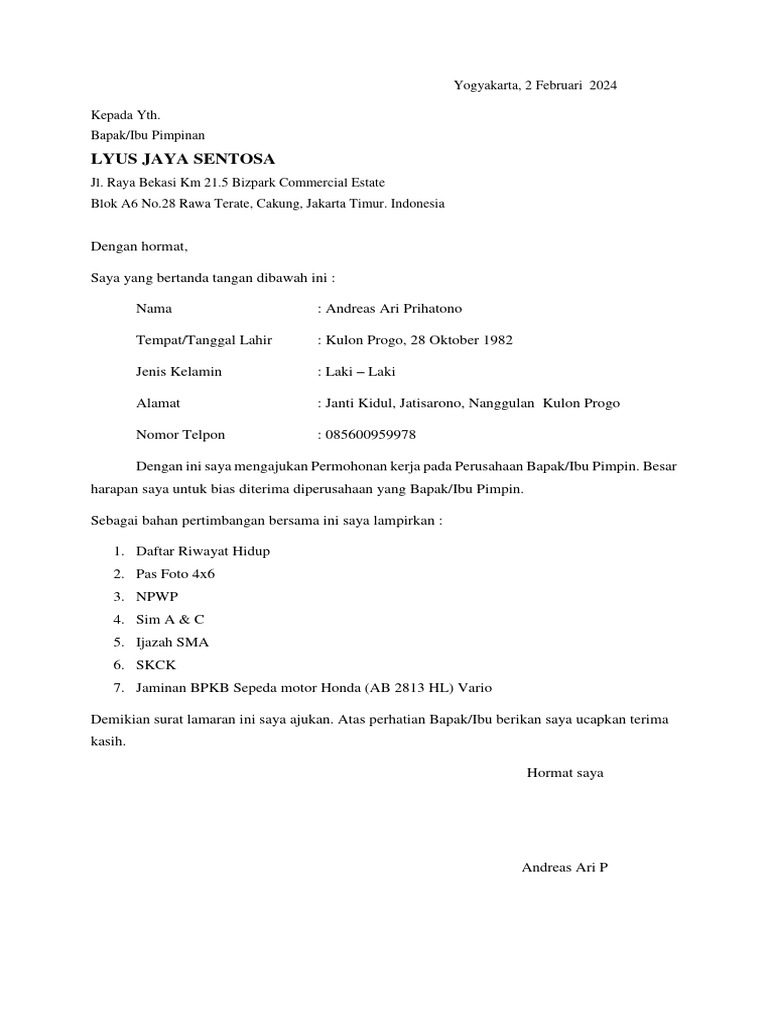 SURAT LAMARAN KERJA Mas Ari | PDF