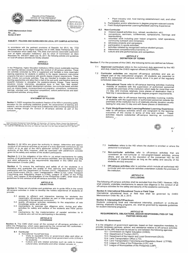 CHED CMO No 63 S. 2017 Policies and Guidelines On Local Off Campus Activity | PDF