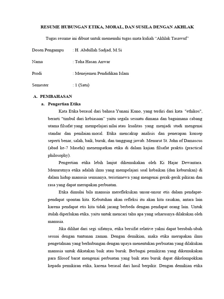Resume Aklhak Tasawuf Toha Hasan Anwar | PDF