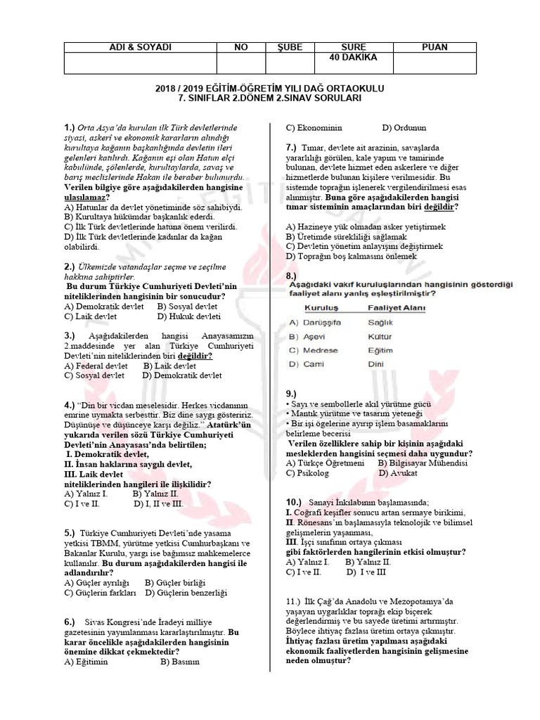 7.sinif Sosyal Bilgiler 2. Donem 2. Yazili Sorulari | PDF