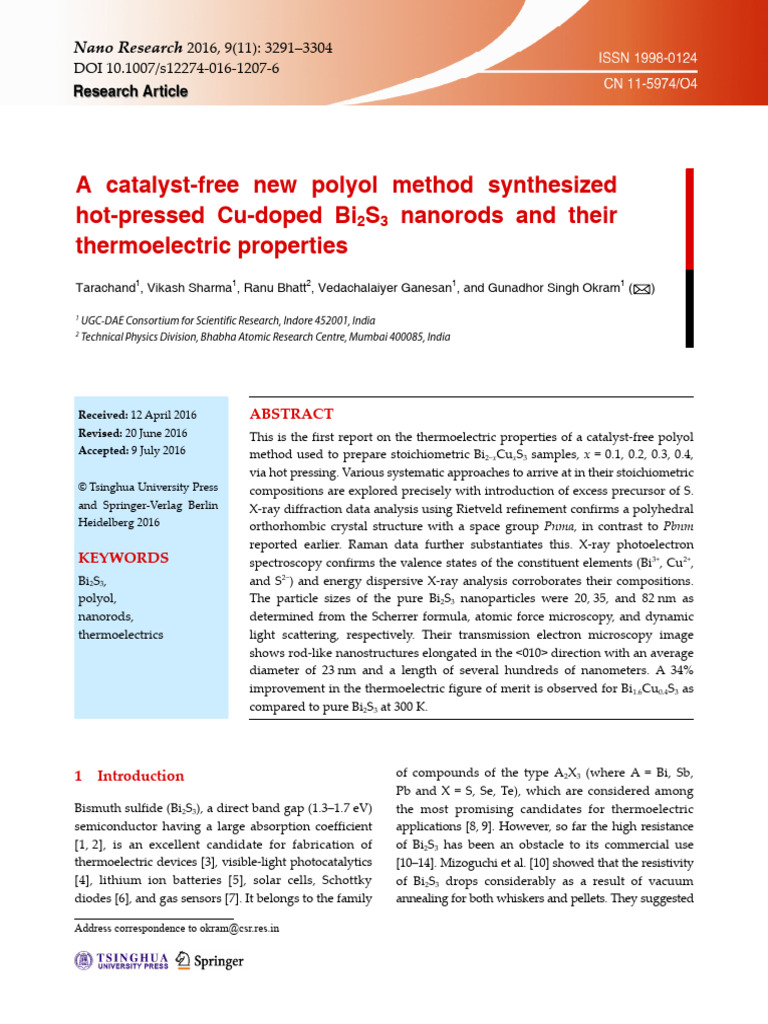 A Catalyst-Free New Polyol Method Synthesized Hot-Pressed Cu-Doped Bi S ...