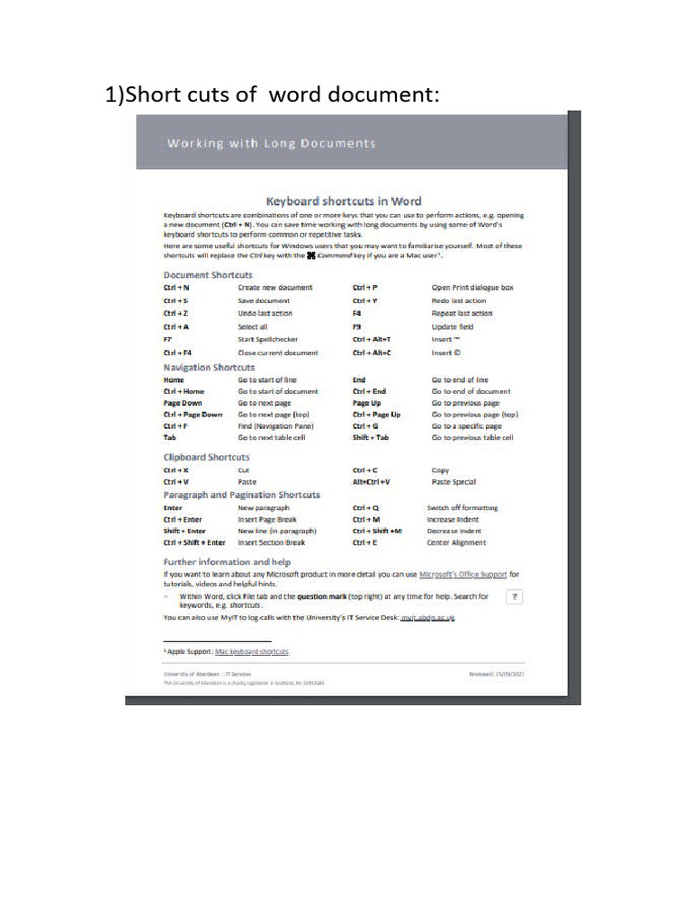 Short Cuts of Word Document | PDF | Paragraph | Keyboard Shortcut