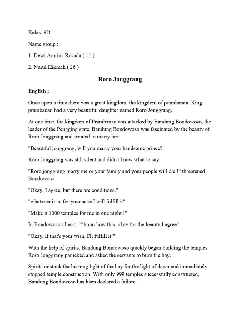 Cerita Rakyat Roro Jonggrang Bahasa Inggris | PDF
