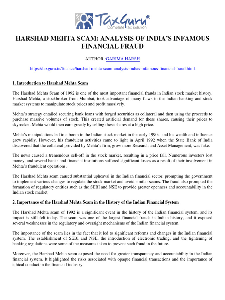 Harshad Mehta Scam - Analysis of India’ S Infamous Financial Fraud ...