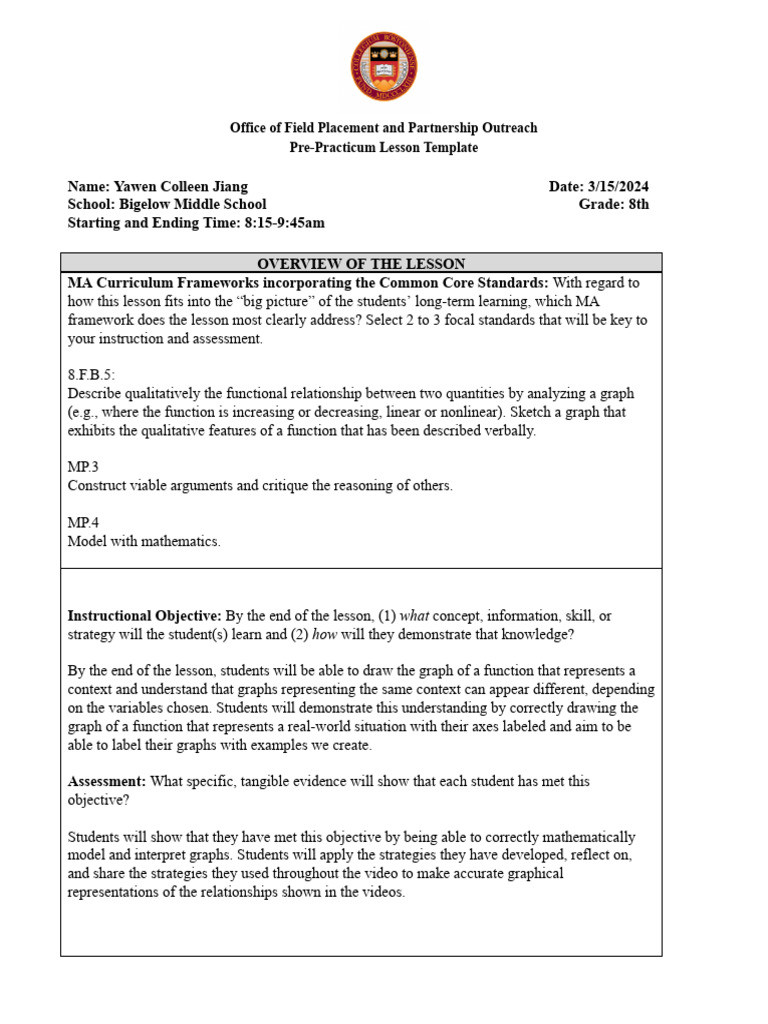 Graphing Stories 3 14 Lesson Plan | PDF | Knowledge | Function ...