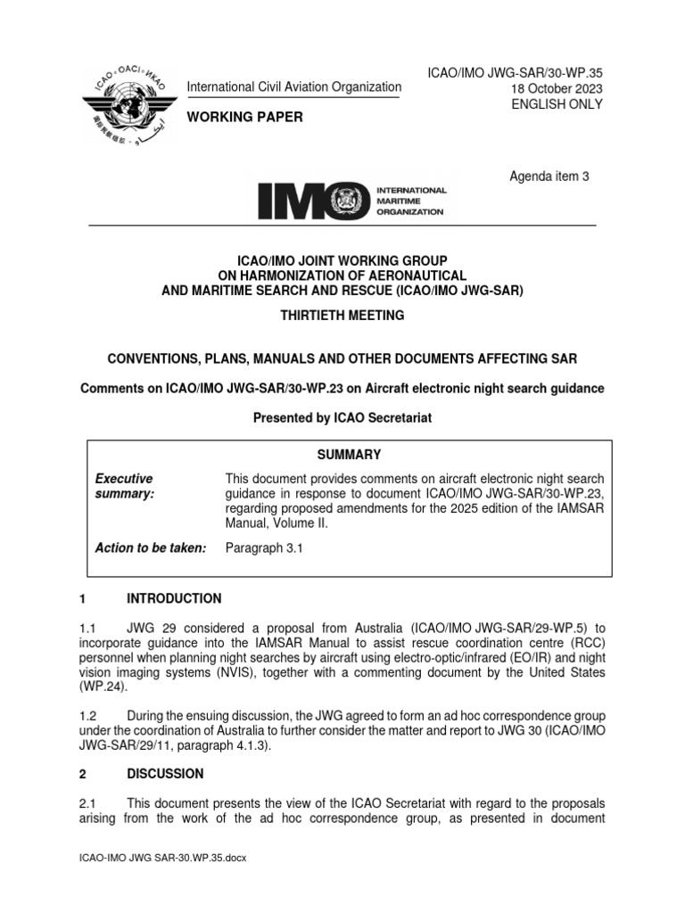 ICAO-IMO JWG-SAR-30-WP.35 - Comments On ICAOIMO JWG-SAR30-WP.35 On Aircraft Electronic Night ...