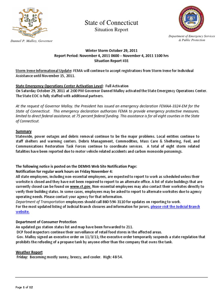 State of Connecticut: Situation Report | PDF | Emergency Department ...