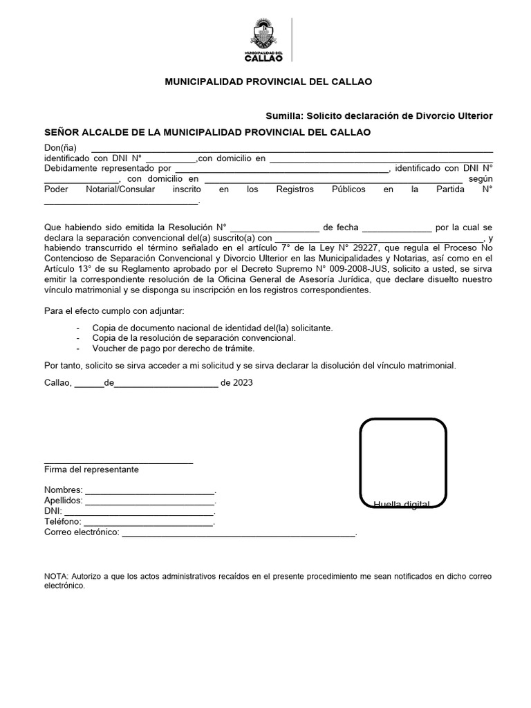 Solicitud de Divorcio Ulterior en Callao | PDF
