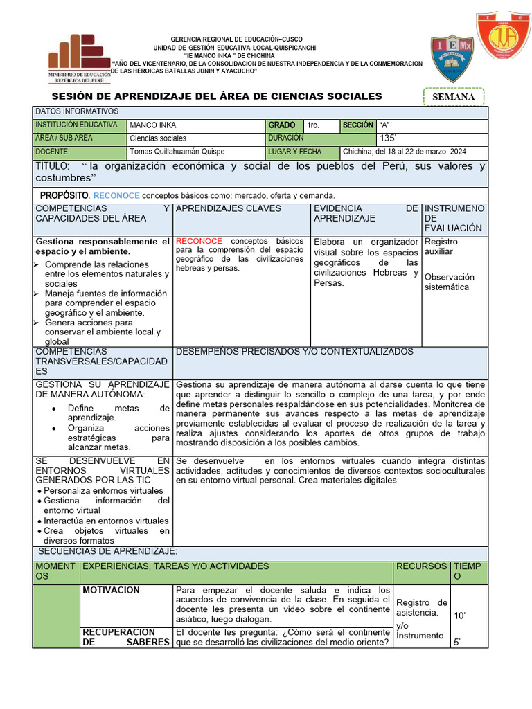 Sesion de Aprendizaje | Descargar gratis PDF | Aprendizaje | Evaluación