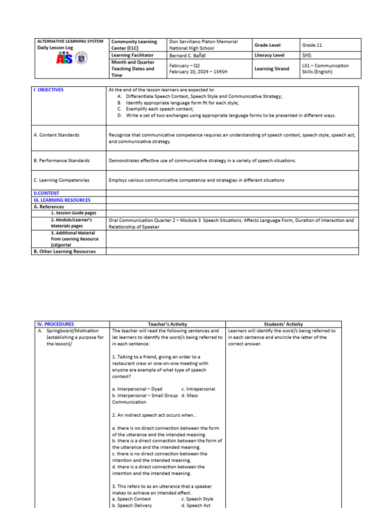 LS1E Module 3 Speech Situations Affects Language Form, Duration of ...