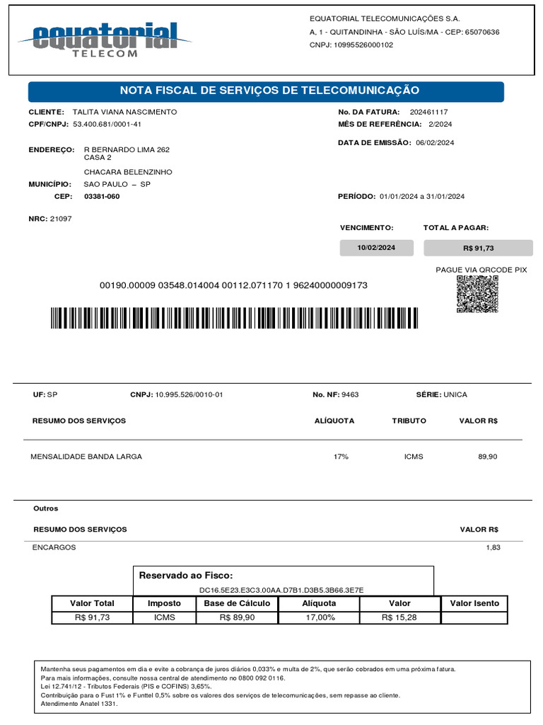 Fatura Equatorial Telecom | PDF