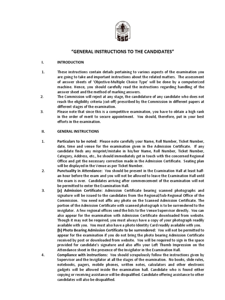 General Instructions To Candidates | PDF | Multiple Choice | Test ...