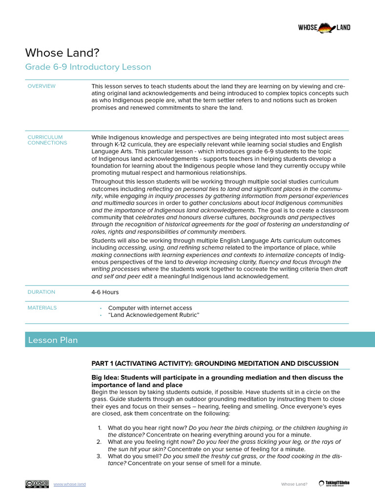 Whose Land Lesson Plan Grades 6 9 | PDF
