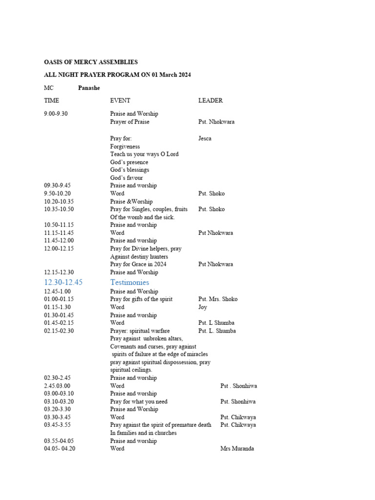 OASIS OF MERCY ASSEMBLIEs ALL NIGHT PRAYER PROGRAM | PDF | Prayer | Mercy