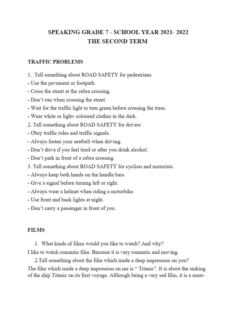 SPEAKING GRADE 7 - SCHOOL YEAR 2021-2022 (Chính TH C) | PDF | Road ...