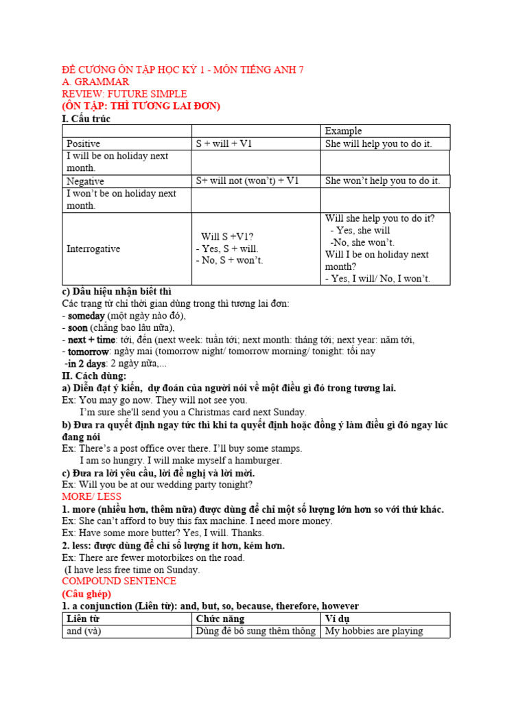 ĐỀ CƯƠNG ÔN TẬP HỌC KỲ 1 ANH 7 | PDF