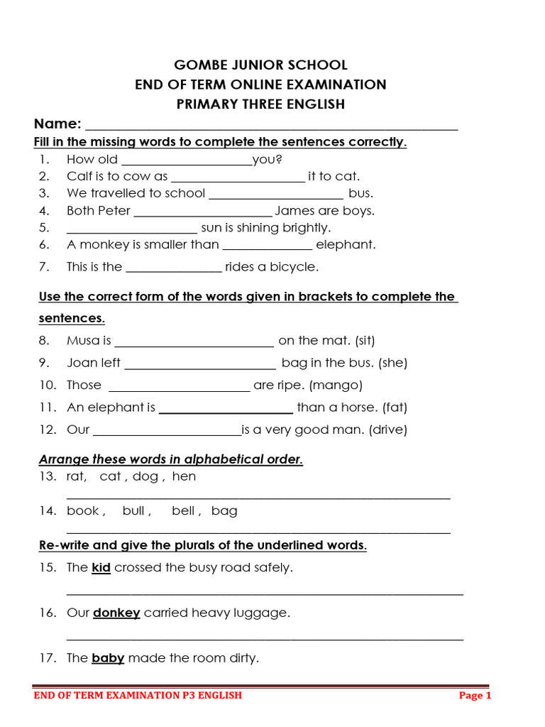 End of Term Two Exams p.3 Gombe Junior School | PDF