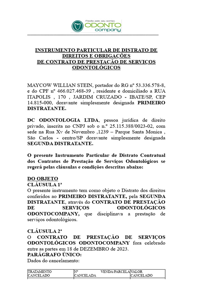 Distrato de Contrato Odontológico | PDF | Ciências Sociais