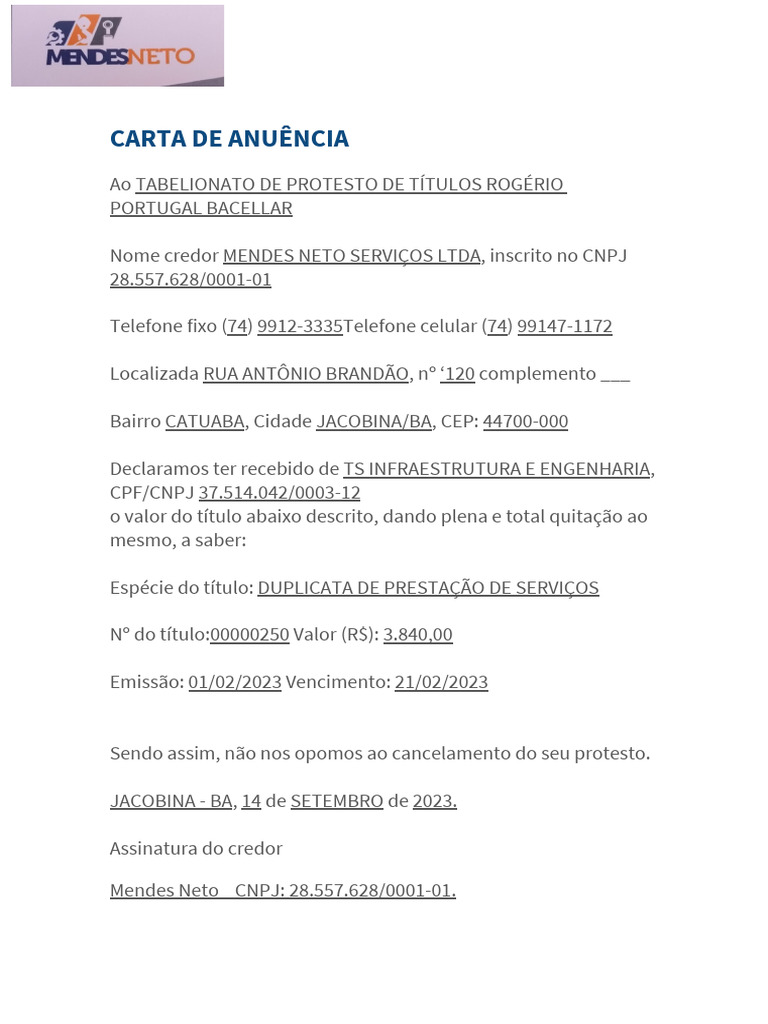Modelo Carta De Anuência Pdf