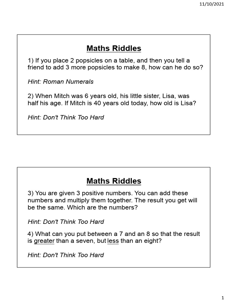 Worksheet #1 - Math Riddles | PDF