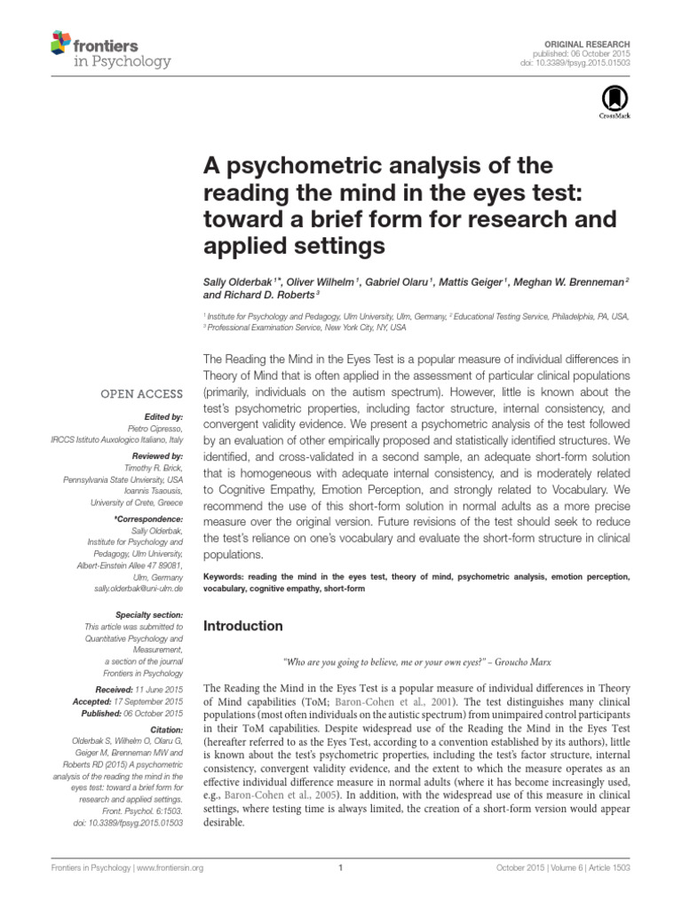 Olderbak (2015) Psychometric Analysis of The Reading | PDF | Psychometrics | Factor Analysis