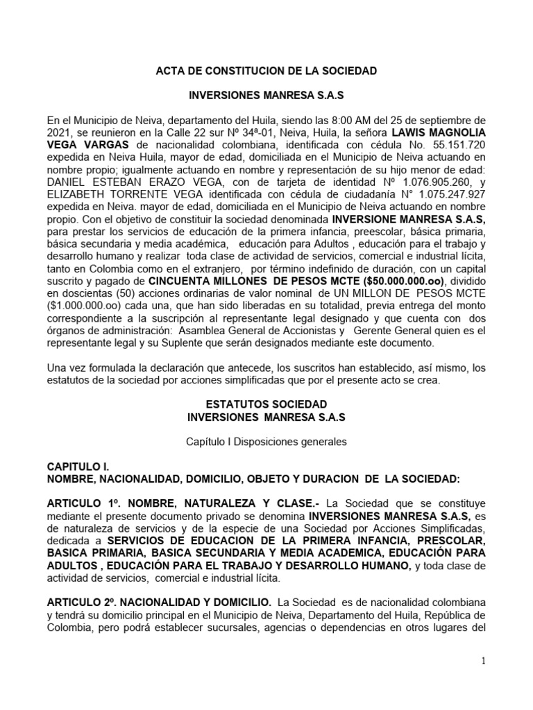 Acta de Constitucion de La Sociedad | PDF | Compartir (Finanzas) | Dividendo