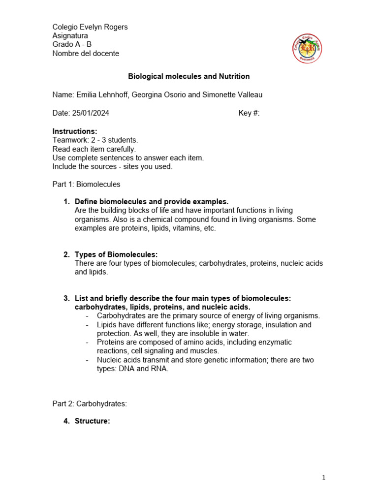 Worksheet - Biological Molecules and Nutrition | PDF | Biomolecules ...