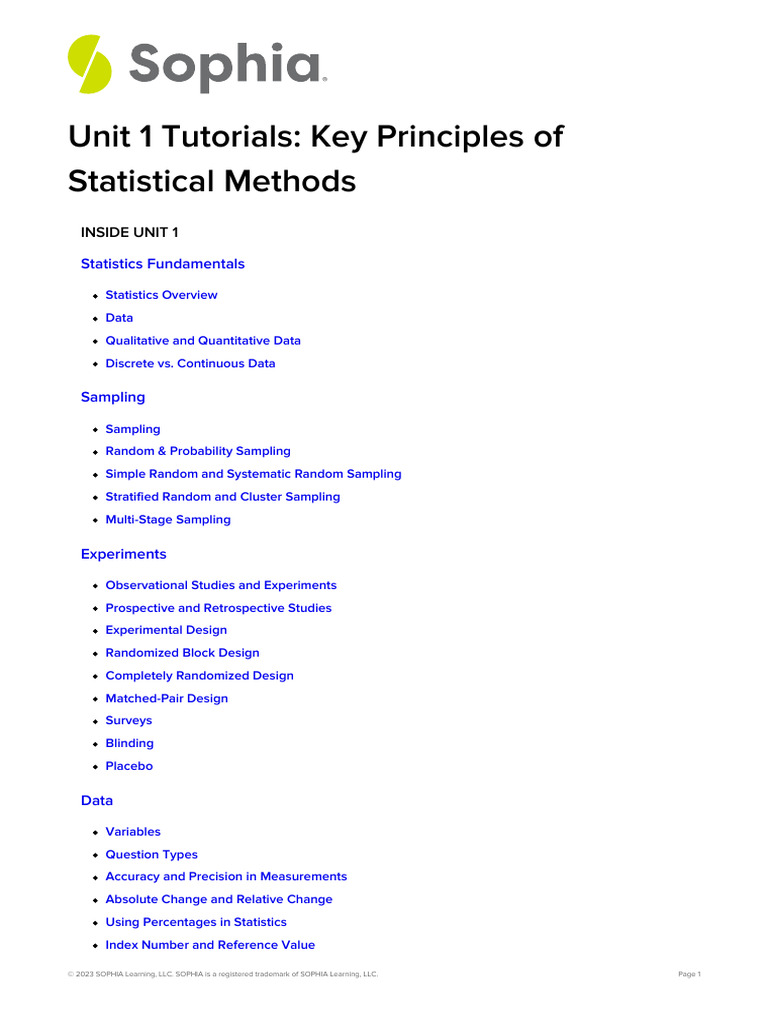 Unit 1 Tutorials Key Principles Of Statistical Methods Pdf Level Of