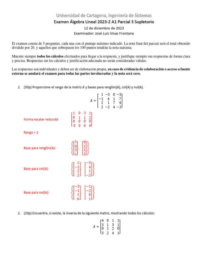 Álgebra Lineal 2023-1 A1 Examen Parcial 3 Supletorio - Respuestas | PDF | Álgebra abstracta ...