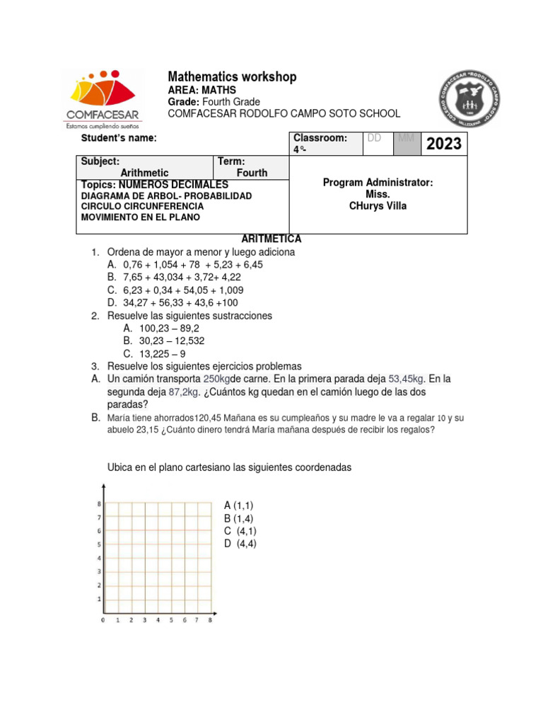 Taller de matematicas grado 4 (2) | PDF