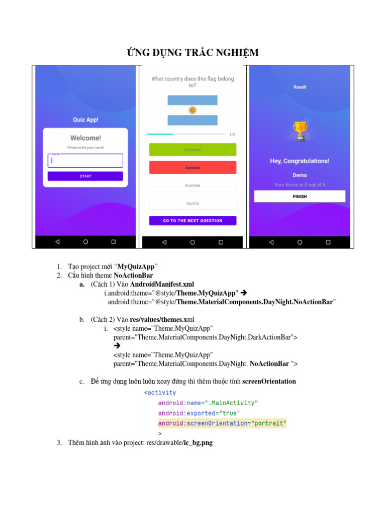 HƯỚNG DẪN THỰC HÀNH QUIZ APP KOTLIN | PDF