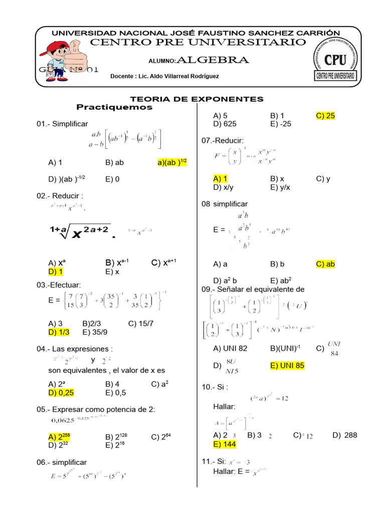 Guía de Álgebra: Teoría de Exponentes | PDF