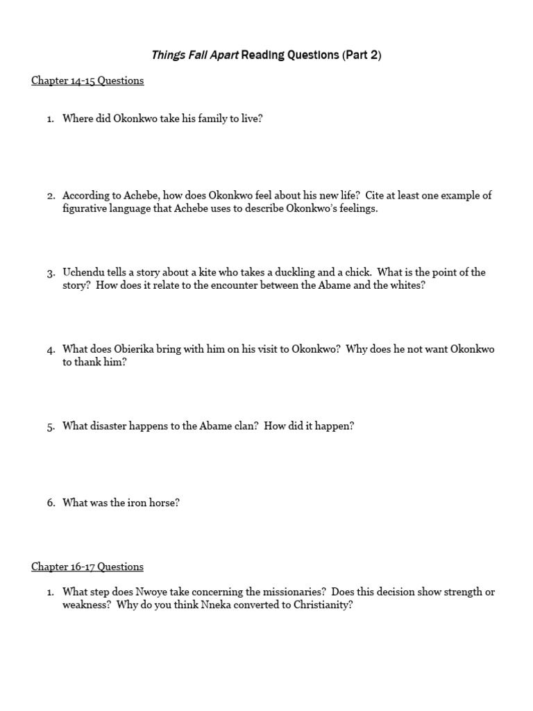 "Things Fall Apart: Chapters 14-19 Questions" | PDF