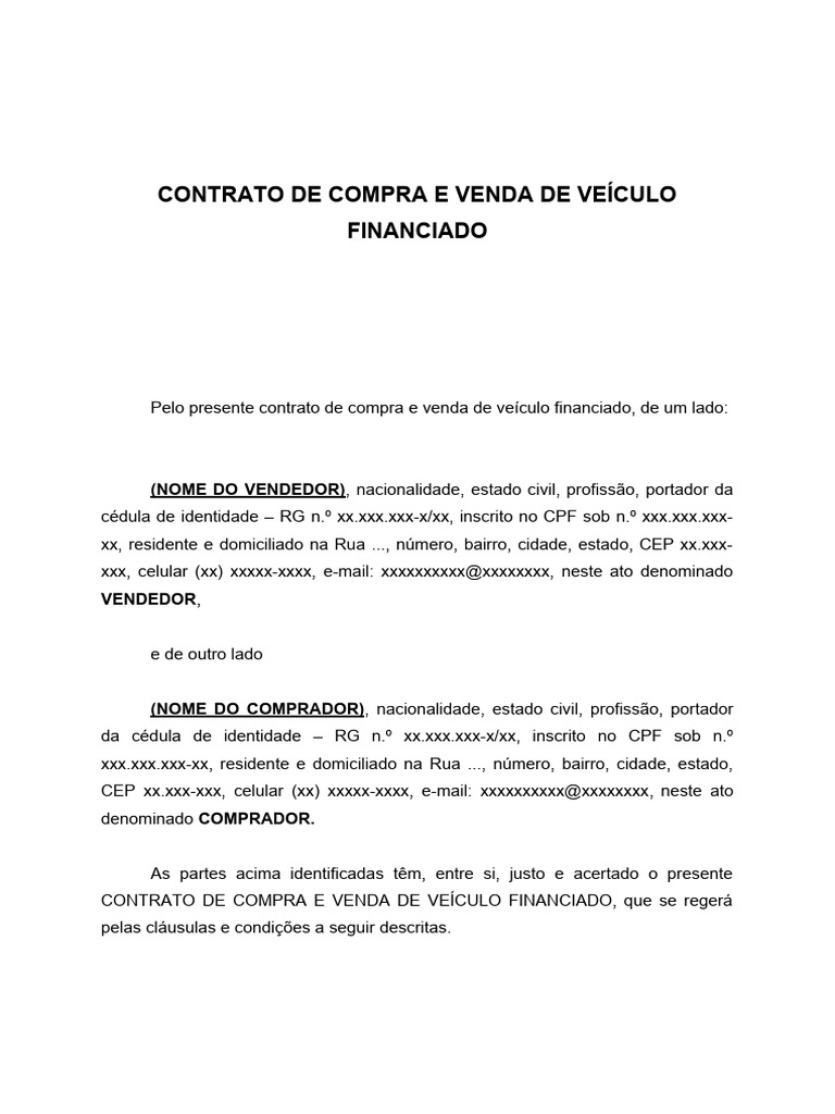 Modelo Contrato de Compra e Venda de Veículo Financiado | PDF | Direito ...