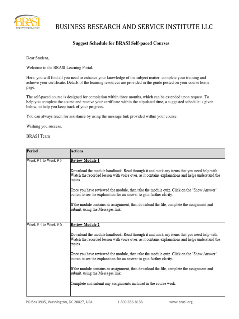 Suggested Schedule For Self Paced Courses | PDF