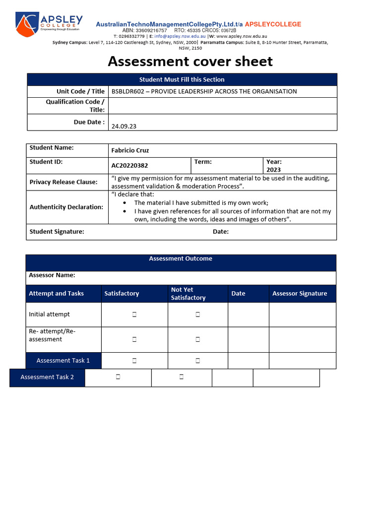 BSBLDR602 Assessment Cover Sheet | PDF | Leadership | Strategic Planning